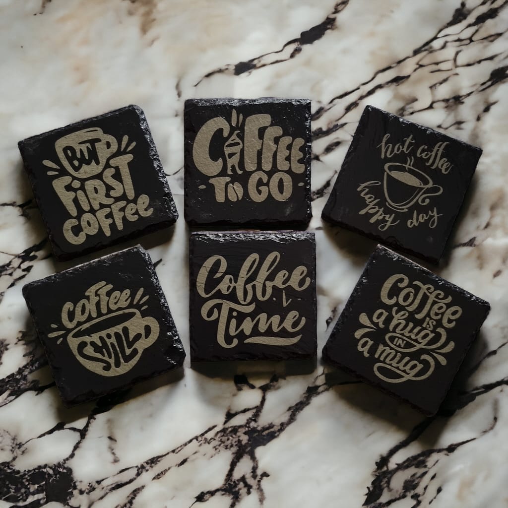 6 Natural Slate Coffee Coasters - Bespoke Engravers